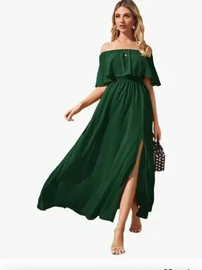 Dresses | Offshoulder Forest Green Maxi Dress With Side Slit | Poshmark
